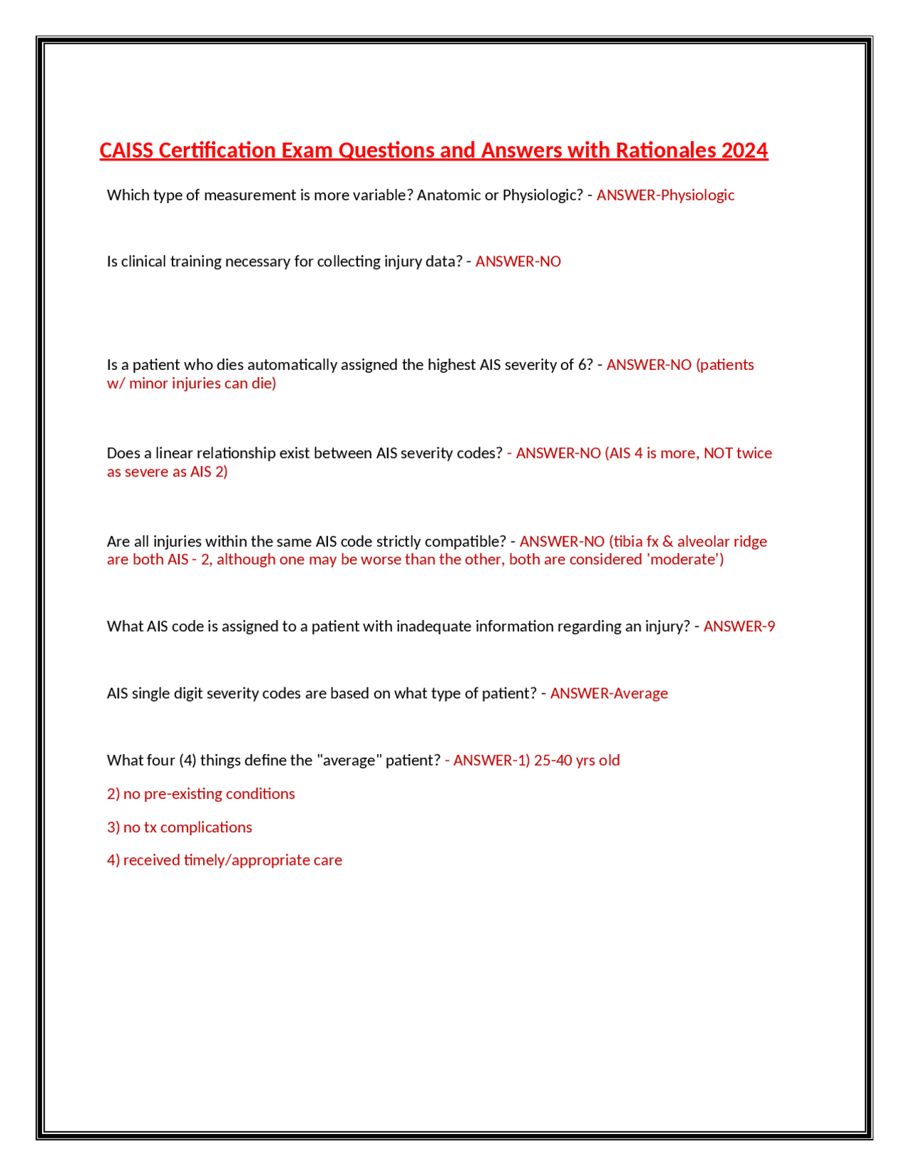 CAISS Certification Exam Questions and Answers with Rationales 2024 ...