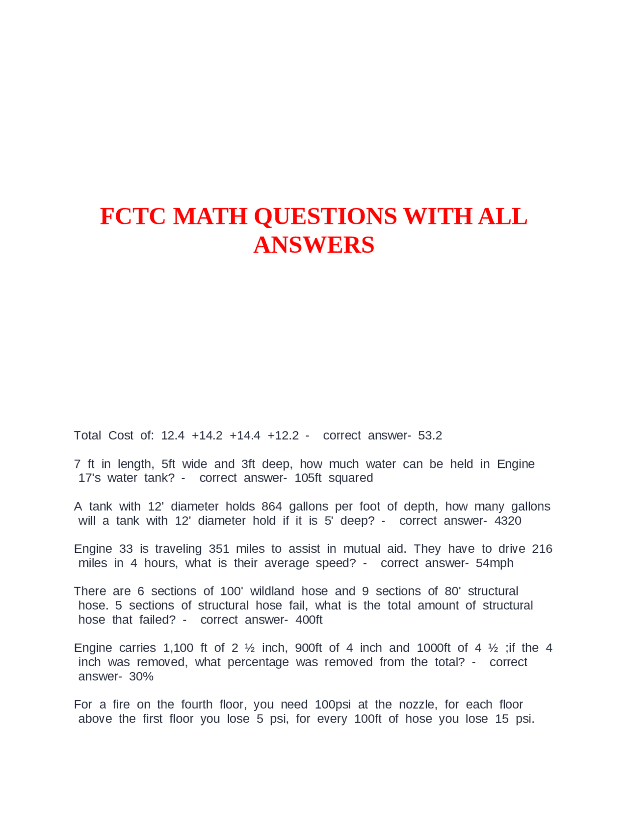 FCTC MATH QUESTIONS WITH ALL ANSWER | Exams Advanced Education | Docsity