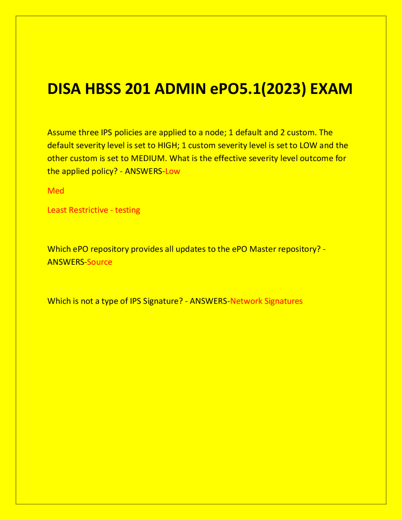 DISA HBSS 201 ADMIN ePO5.1(2023) EXAM QUESTIONS AND ANSWERS 2025 ...