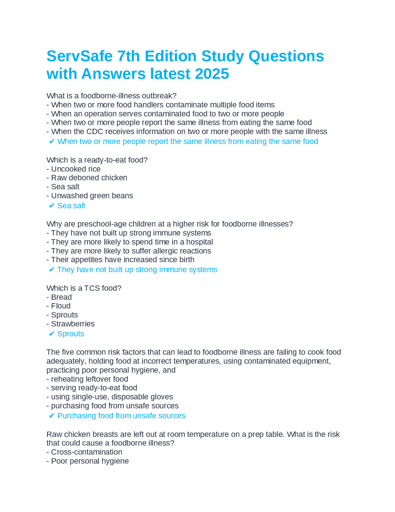 ServSafe 7th Edition Study Questions with Answers latest 2025 | Exams ...
