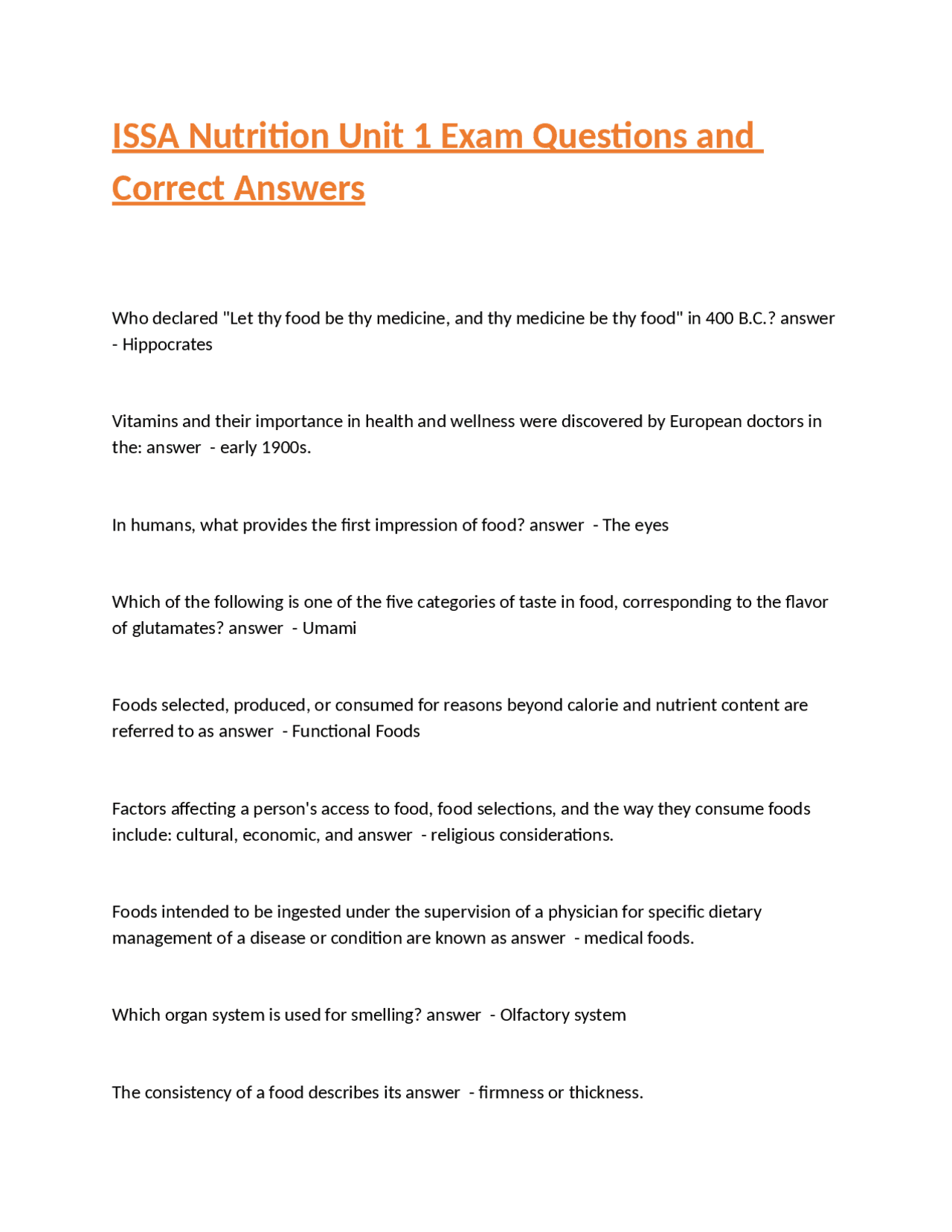 ISSA Nutrition Unit 1 Exam Questions and Answers | Exams Nursing | Docsity