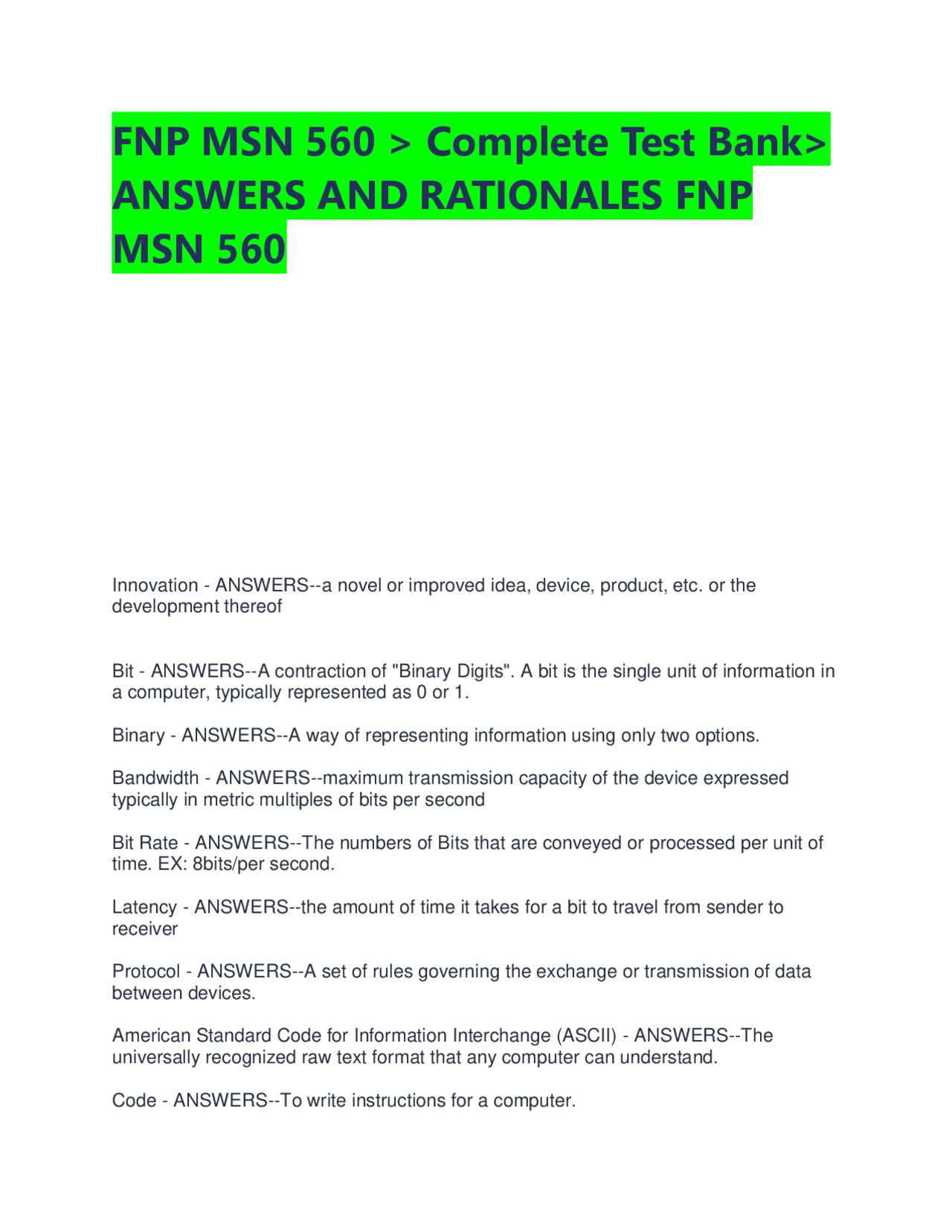 FNP MSN 560 > Complete Test Bank> ANSWERS AND RATIONALES FNP MSN 560 ...