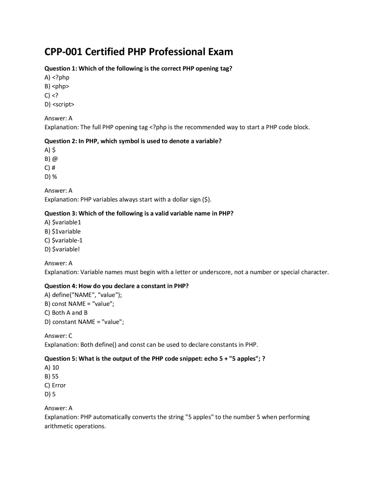 CPP-001 Certified PHP Professional Exam | Exams Technology | Docsity