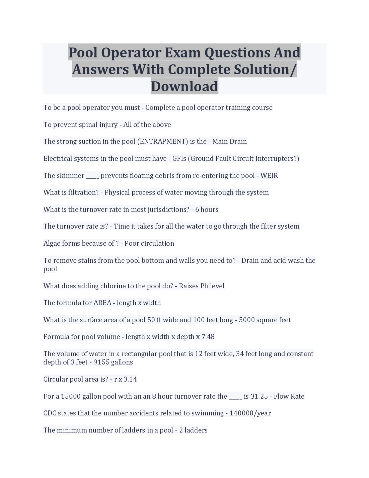 Pool Operator Exam Questions and Answers: Comprehensive Guide for ...