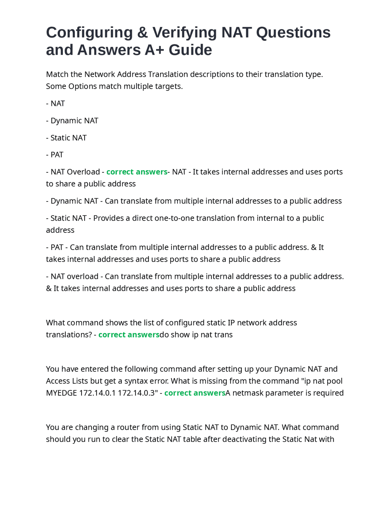 Configuring & Verifying NAT Questions and Answers A+ Guide | Exams ...