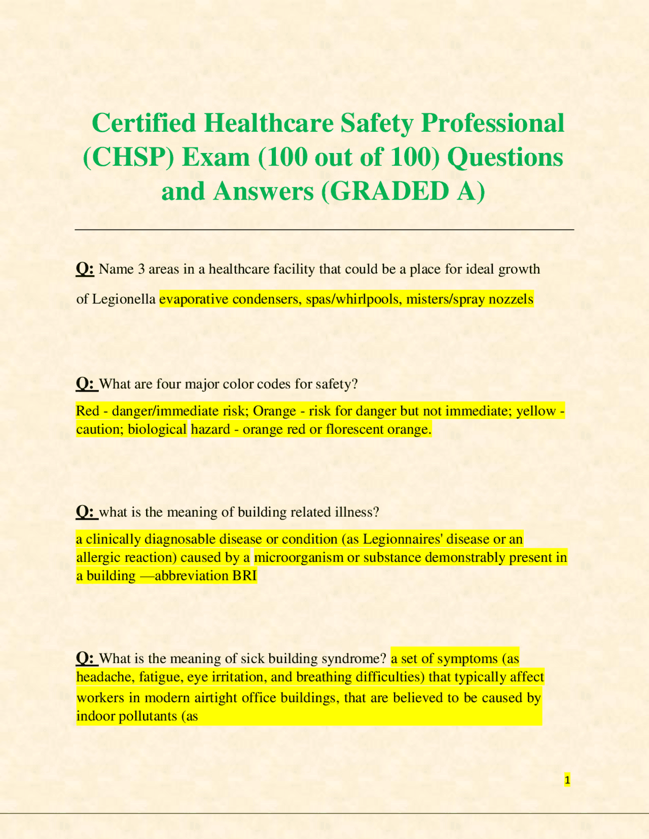 Certified Healthcare Safety Professional (CHSP) Exam (100 out of 100) Q ...