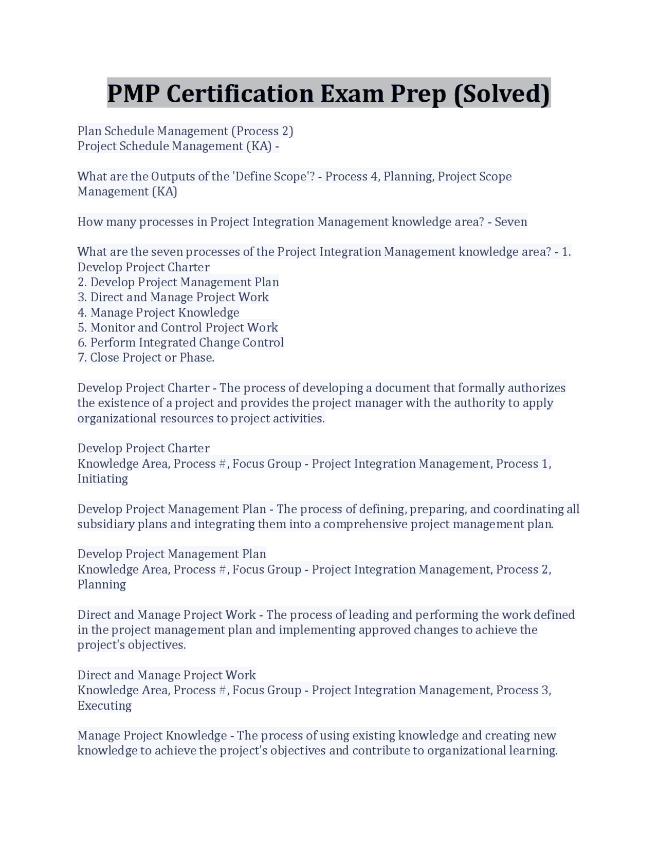 PMP Certification Exam Prep (Solved) | Exams Advanced Education | Docsity