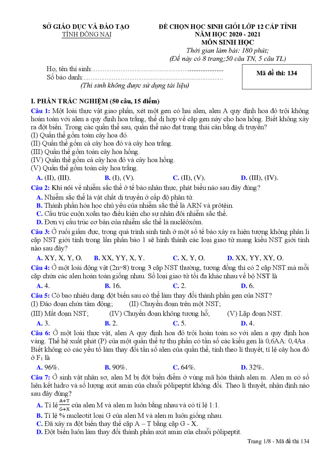 Biology test of high school students | Quizzes Biology | Docsity