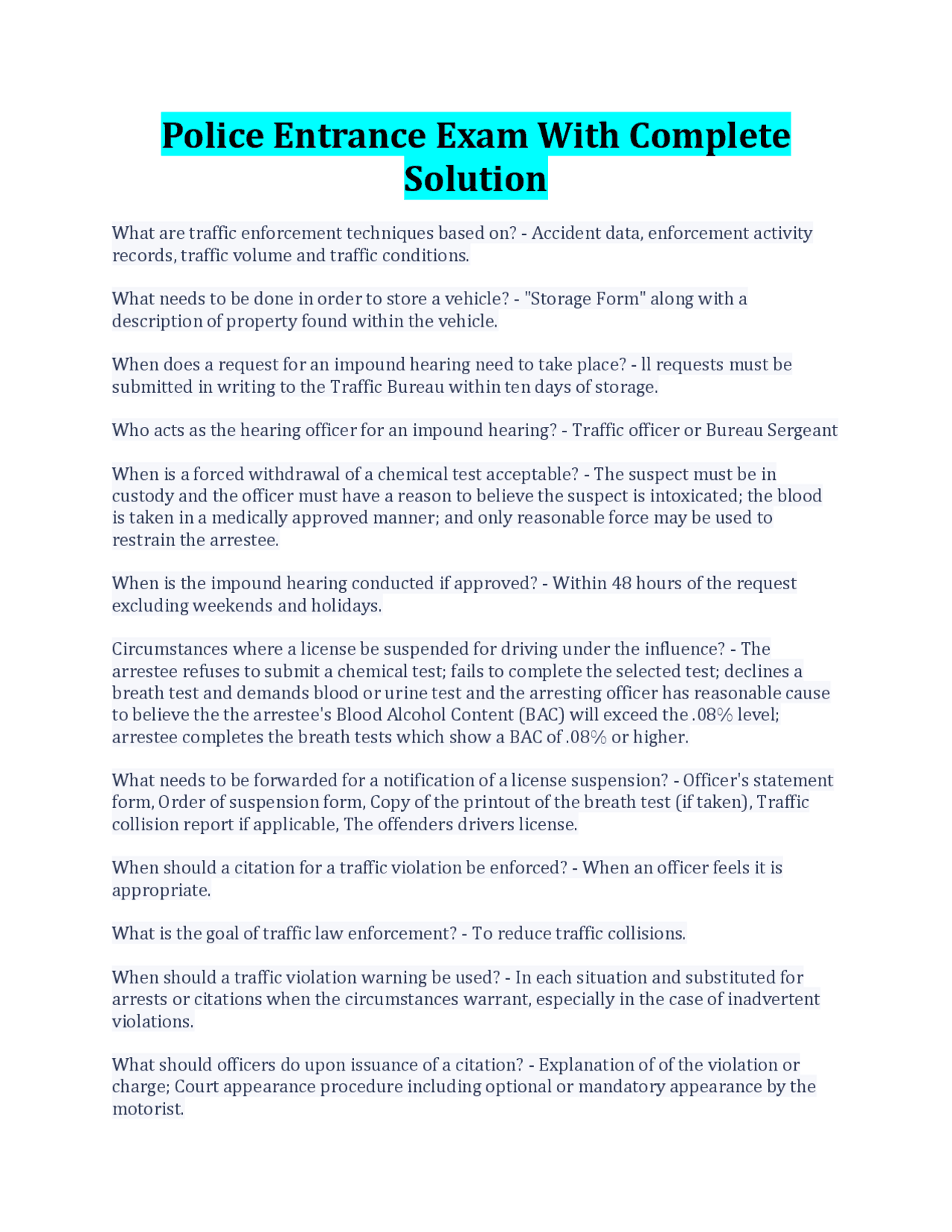 Police Entrance Exam: Traffic Enforcement and Procedures | Exams ...