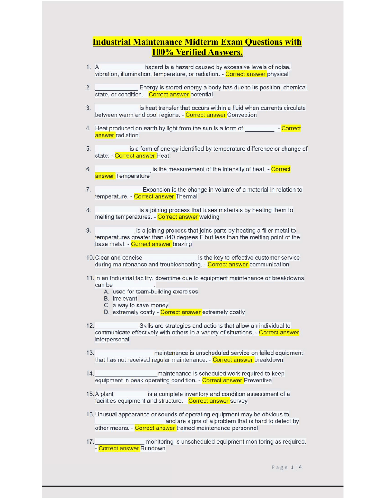 Industrial Maintenance Midterm Exam Questions with 100% Verified ...