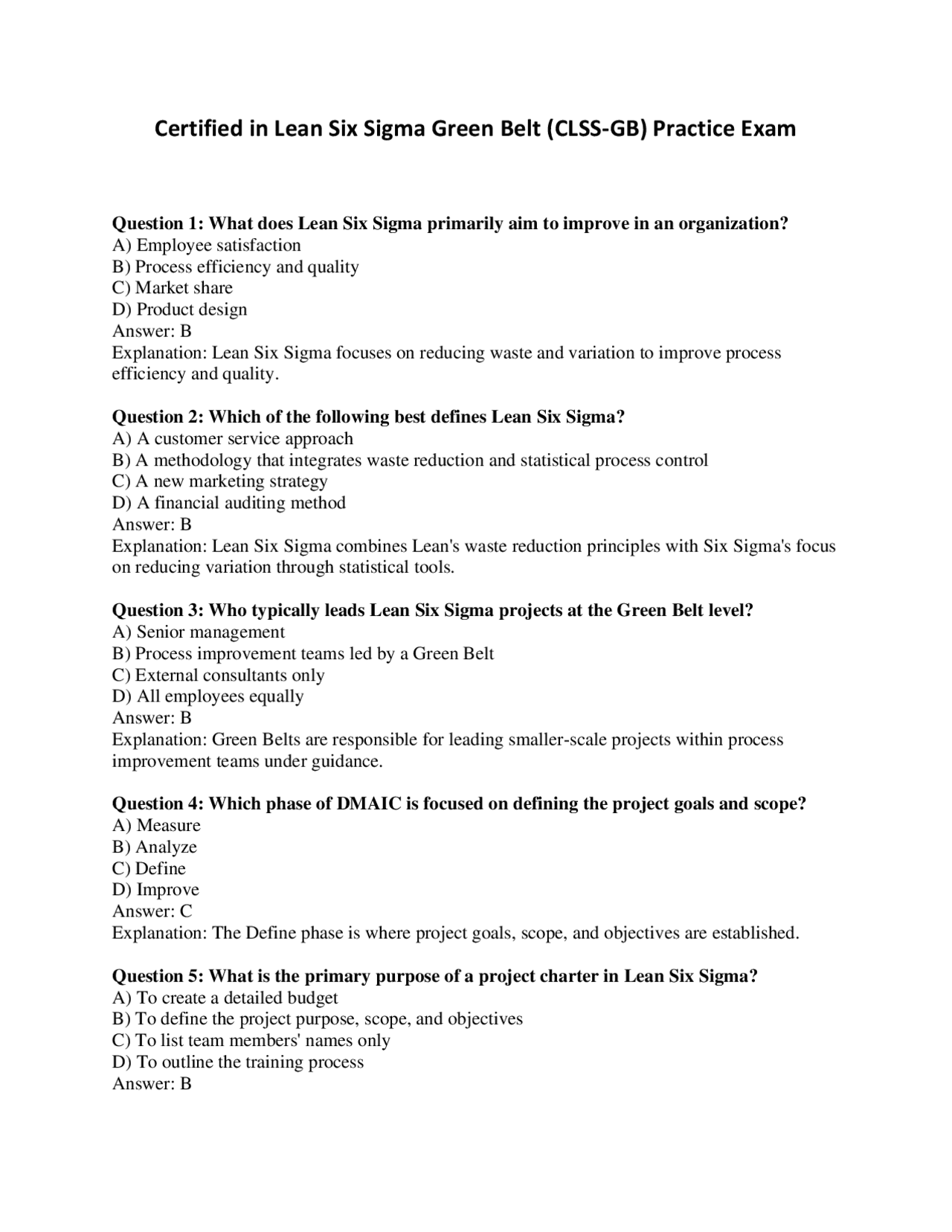 Certified in Lean Six Sigma Green Belt (CLSS-GB) Exam | Exams ...