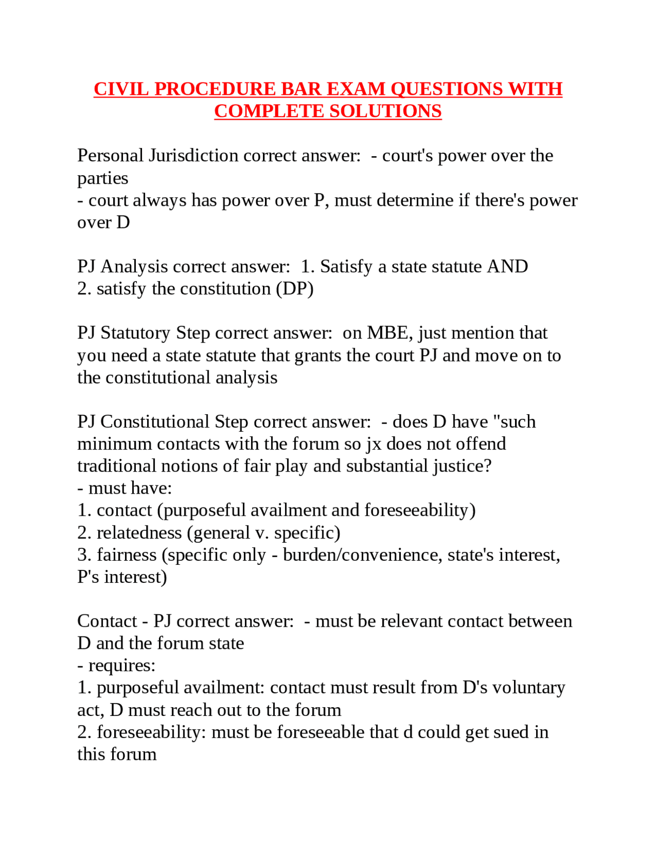 CIVIL PROCEDURE BAR EXAM QUESTIONS WITH COMPLETE SOLUTIONS | Exams ...