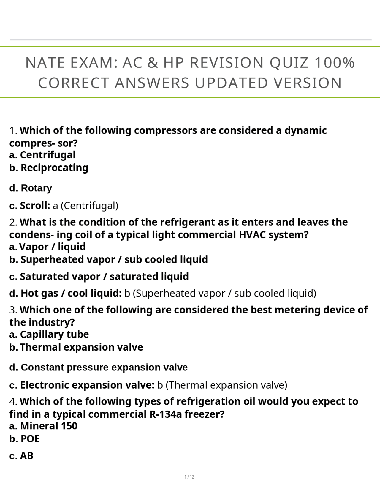 NATE EXAM: AC & HP REVISION QUIZ 100% CORRECT ANSWERS UPDATED VERSION ...