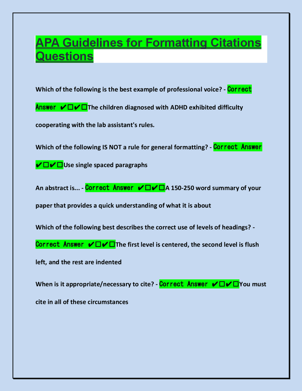 APA Guidelines for Formatting Citations: Exercises and Answers | Exams ...