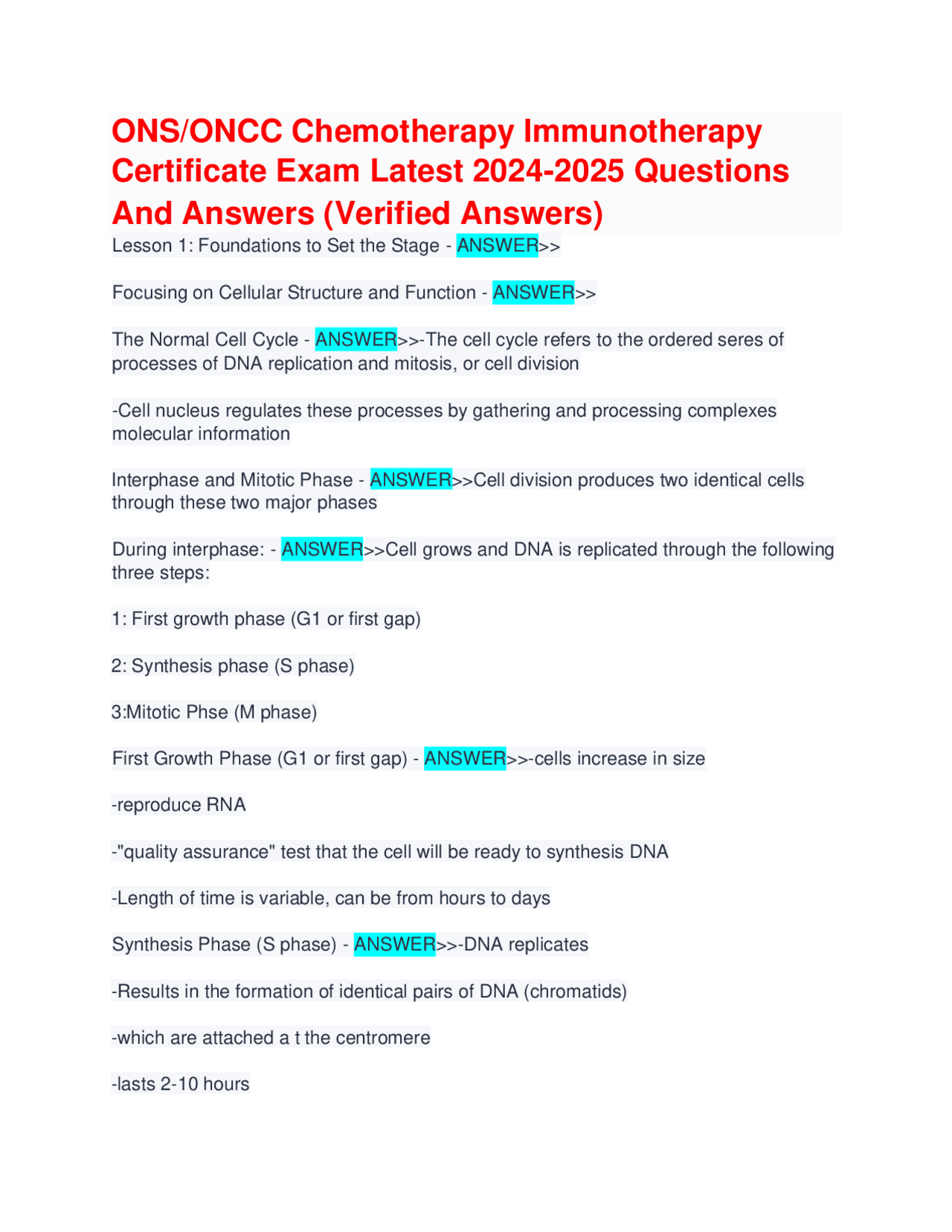 ONS/ONCC Chemotherapy Immunotherapy Certificate Exam Latest 2024-2025 ...