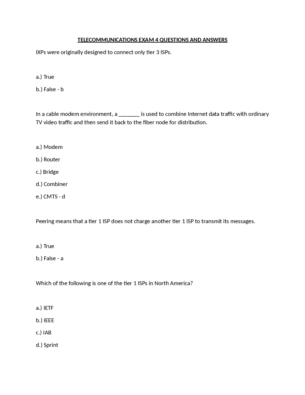 TELECOMMUNICATIONS EXAM 4 QUESTIONS AND ANSWERS | Exams Advanced ...
