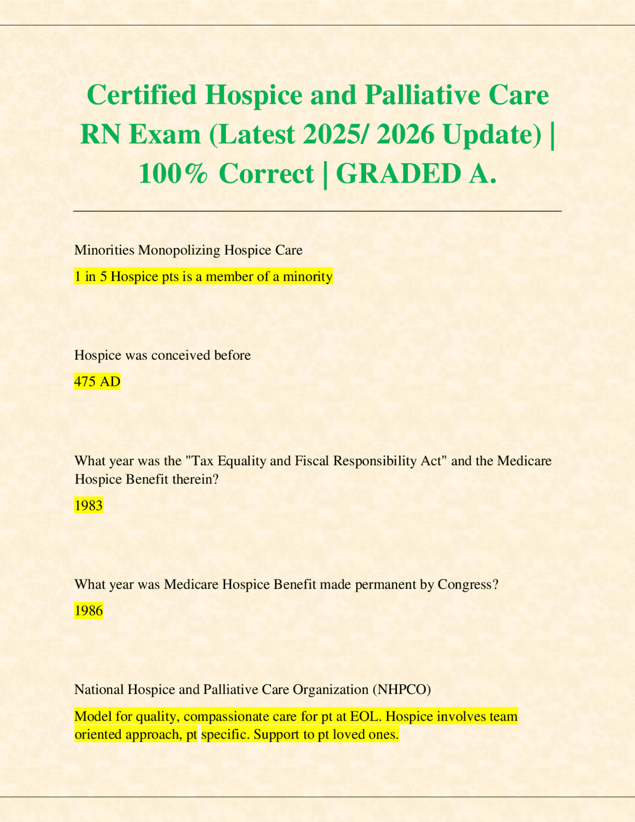 Certified Hospice and Palliative Care RN Exam (Latest 2025/ 2026 Update ...