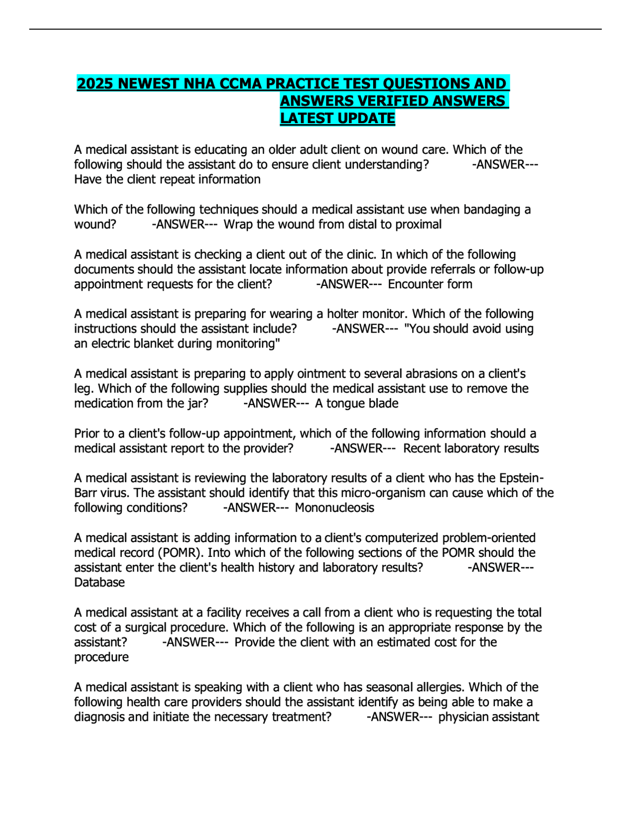 2025 NEWEST NHA CCMA PRACTICE TEST QUESTIONS AND ANSWERS VERIFIED ...