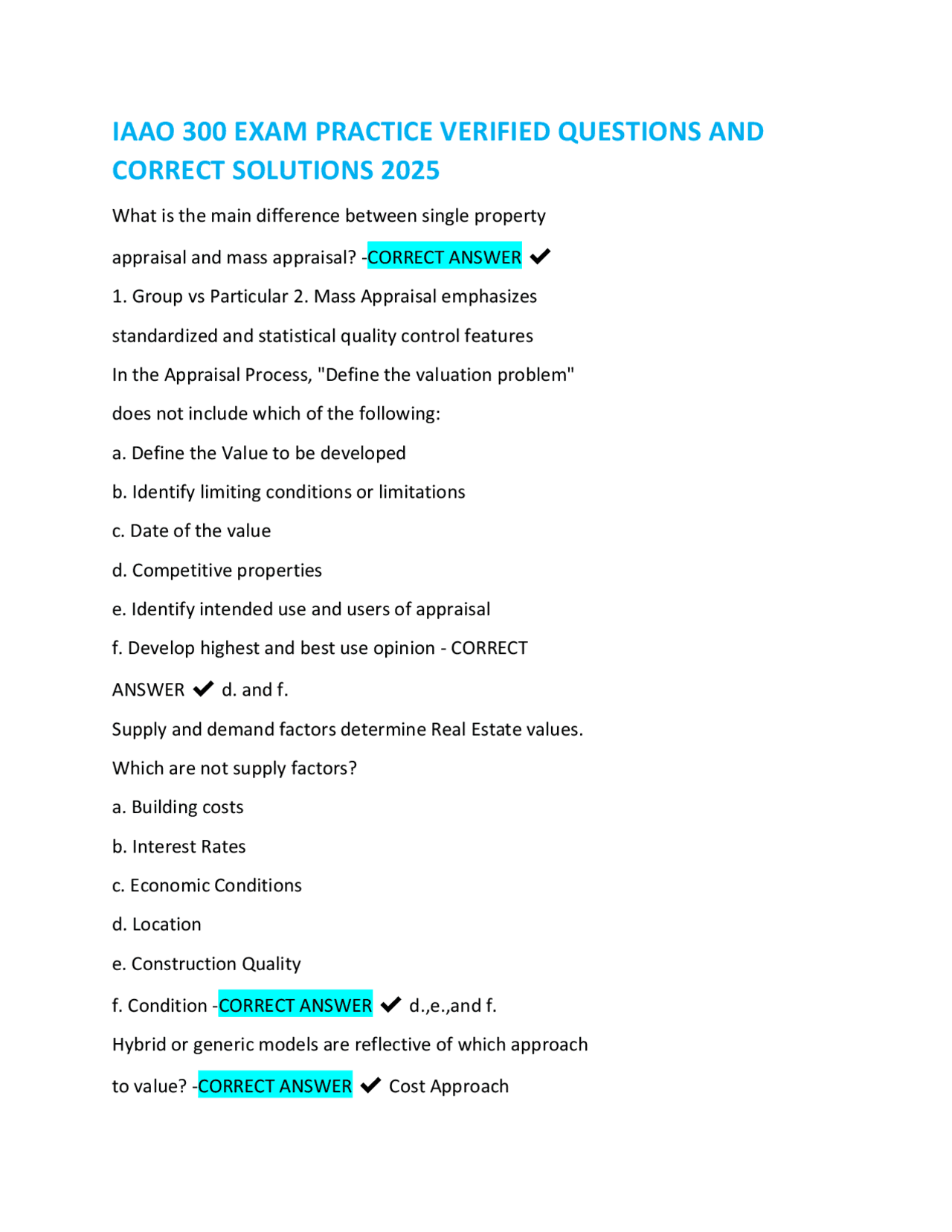 IAAO 300 EXAM PRACTICE VERIFIED QUESTIONS AND CORRECT SOLUTIONS 2025 ...