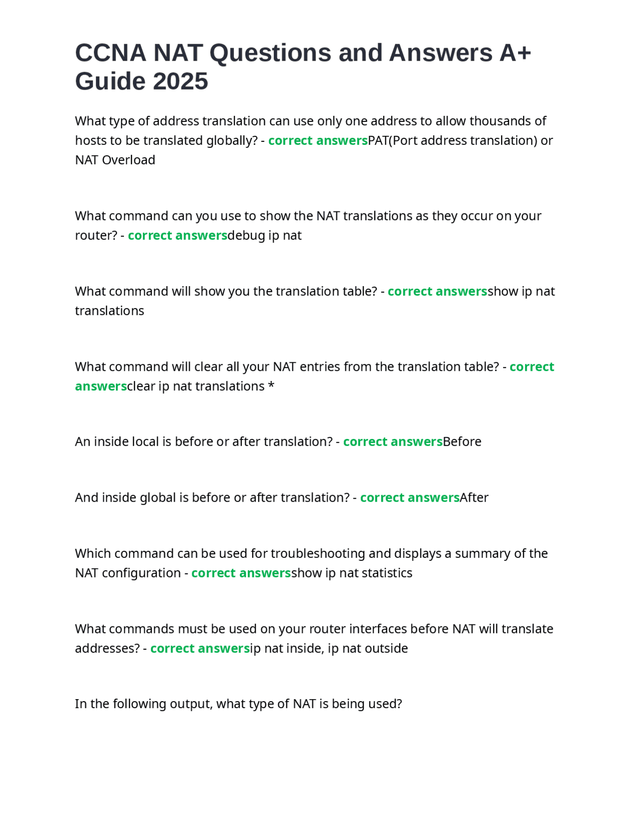 CCNA NAT Questions and Answers A+ Guide 2025 | Exams Nursing | Docsity