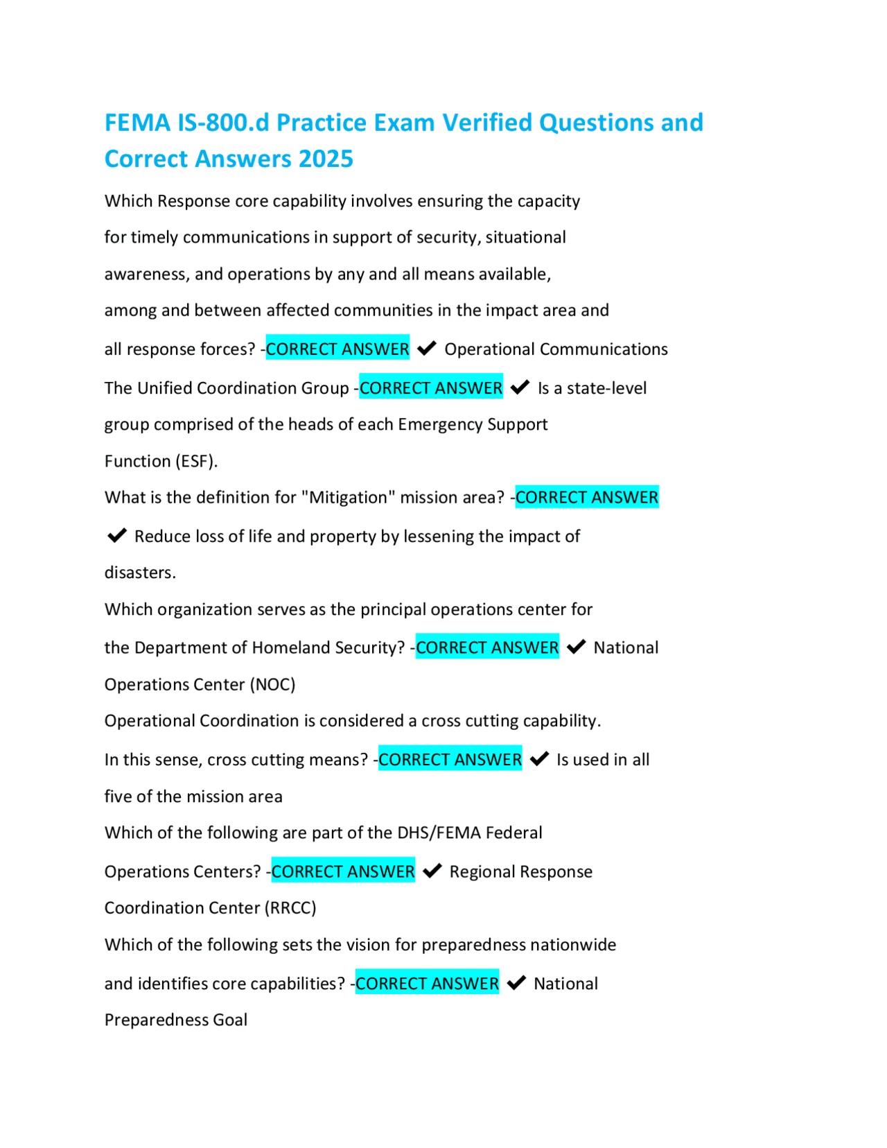 FEMA IS-800.d Practice Exam Verified Questions and Correct Answers 2025 ...