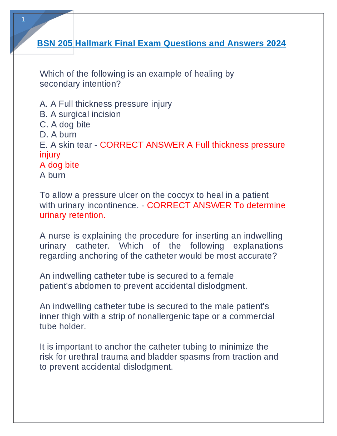 BSN 205 Hallmark Final Exam: Urinary Catheterization Guide | Exams ...