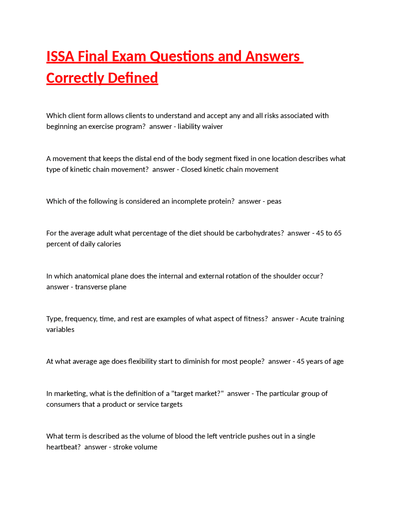 ISSA Final Exam Questions and Answers Correctly Defined | Exams Nursing ...