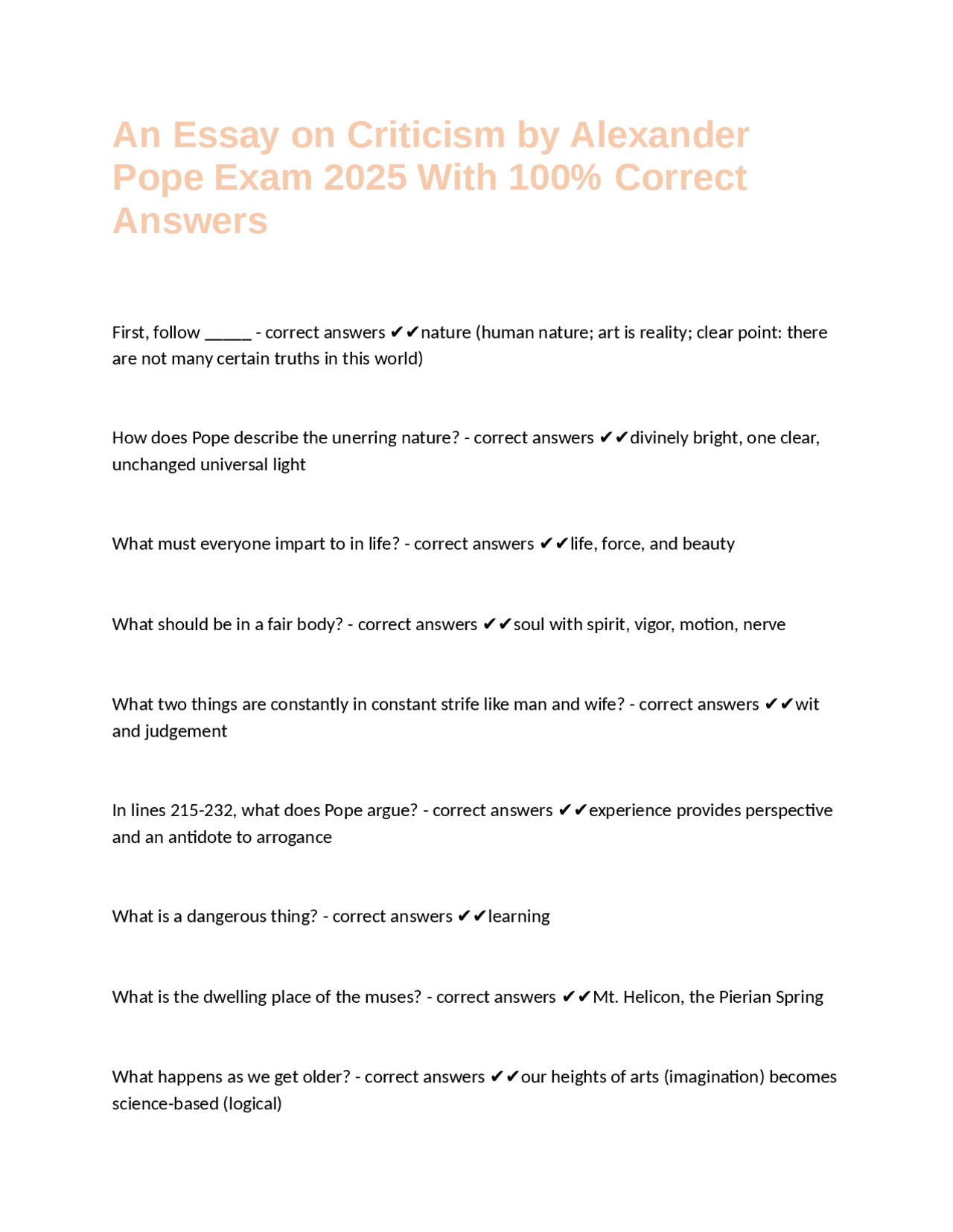 An Essay on Criticism by Alexander Pope Exam 2025 | Exams Nursing | Docsity