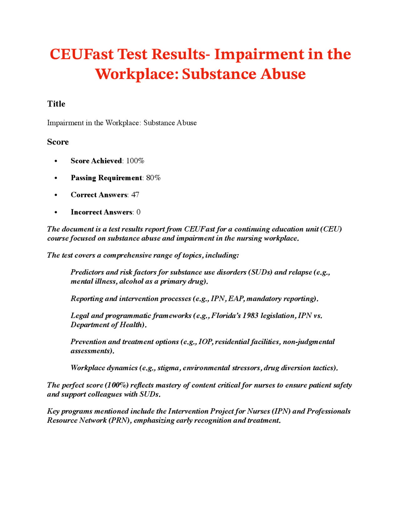 CEUFast Test Results- Impairment in the Workplace: Substance Abuse ...