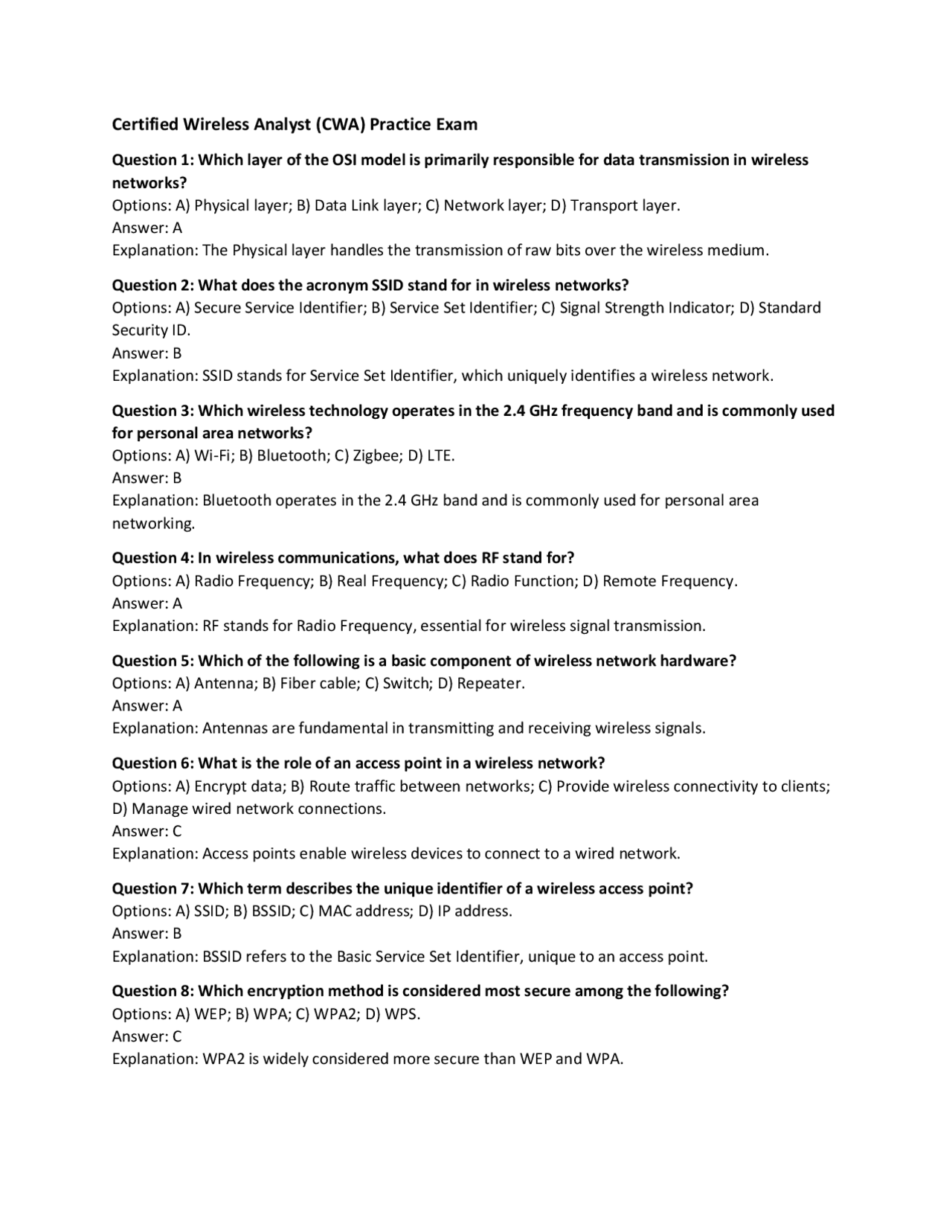 Certified Wireless Analyst (CWA) Exam | Exams Technology | Docsity
