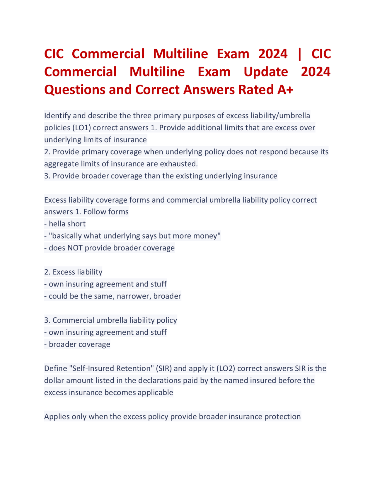 CIC Commercial Multiline Exam 2024 | CIC Commercial Multiline Exam ...