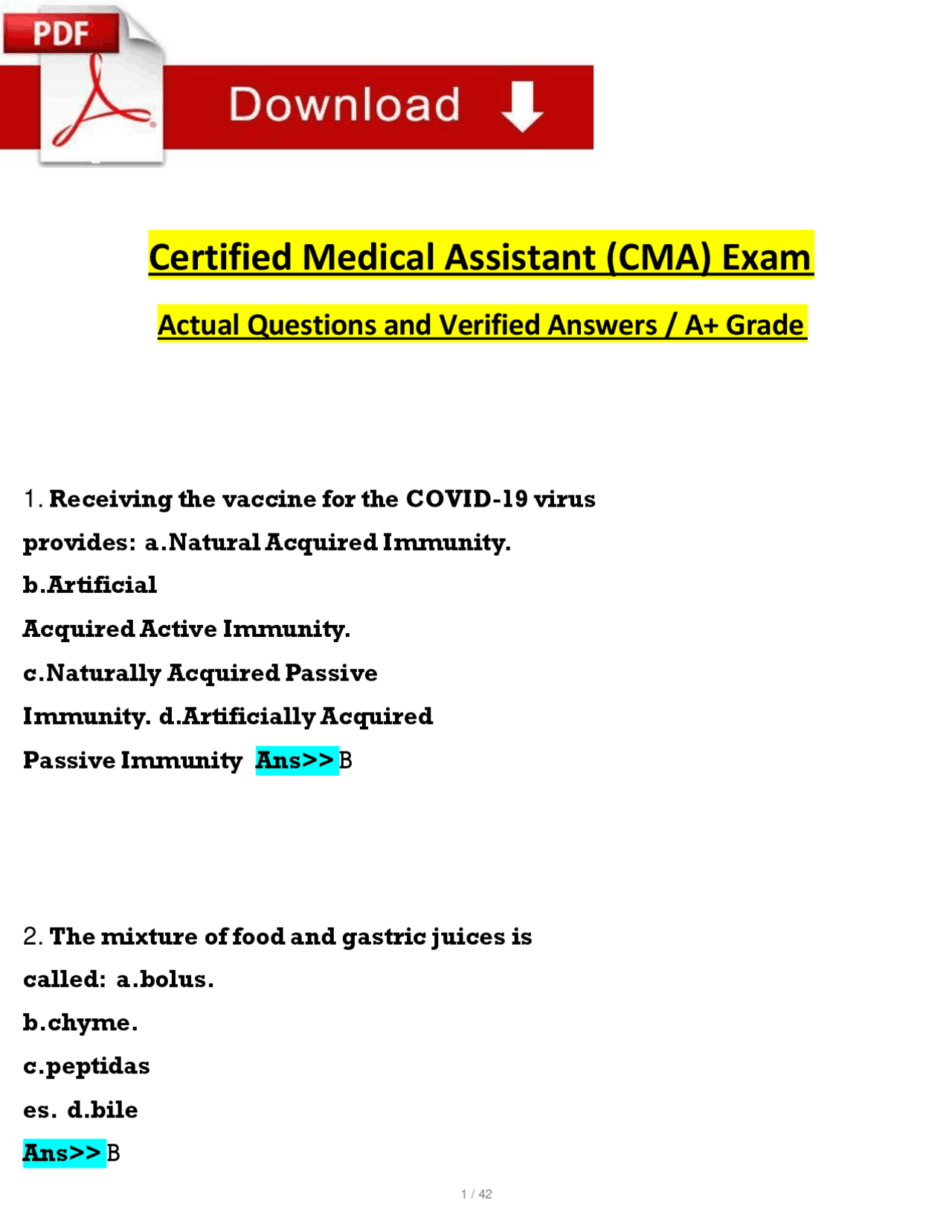Certified Medical Assistant (CMA) Exam Actual Questions and Verified ...
