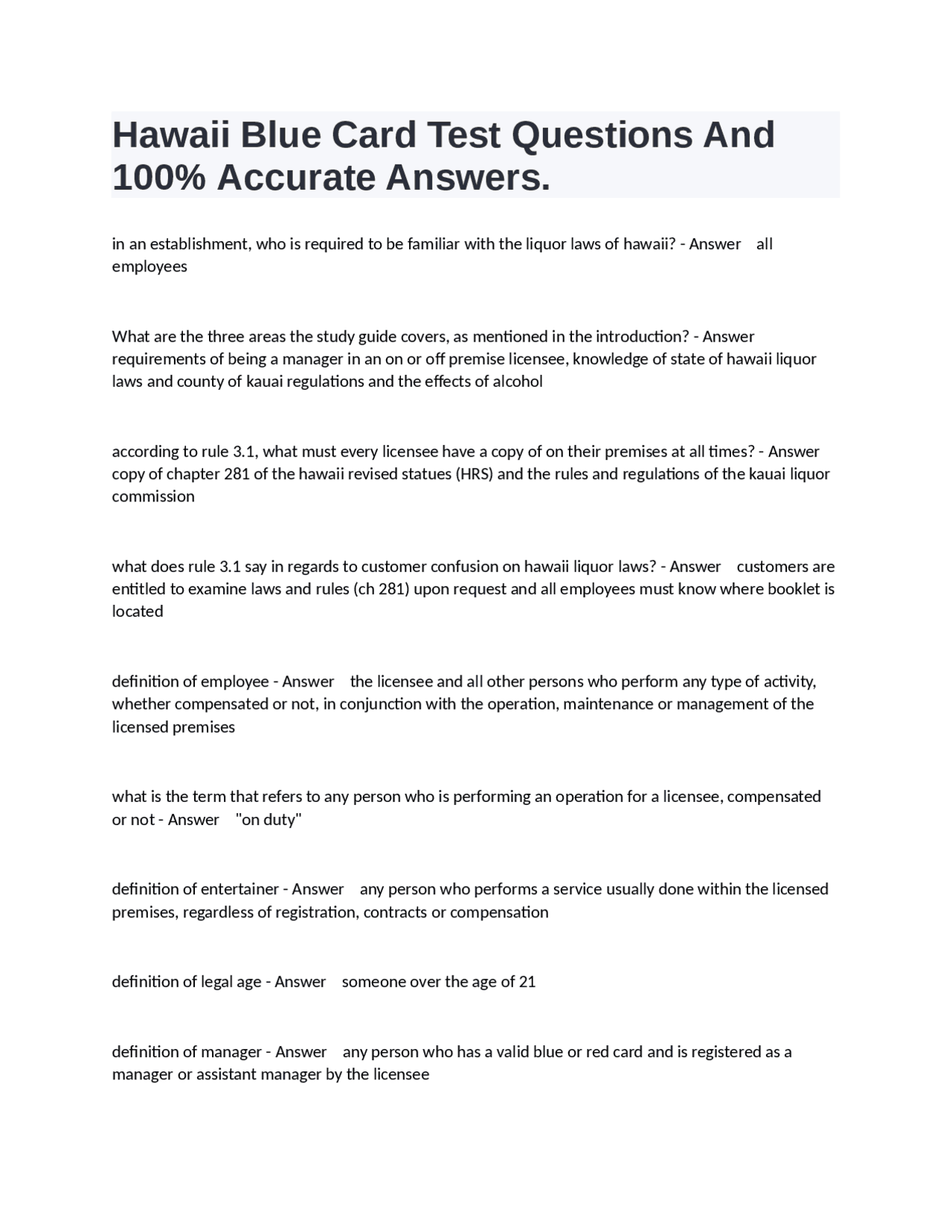 Hawaii Blue Card Test Questions And 100% Accurate Answers. | Exams ...