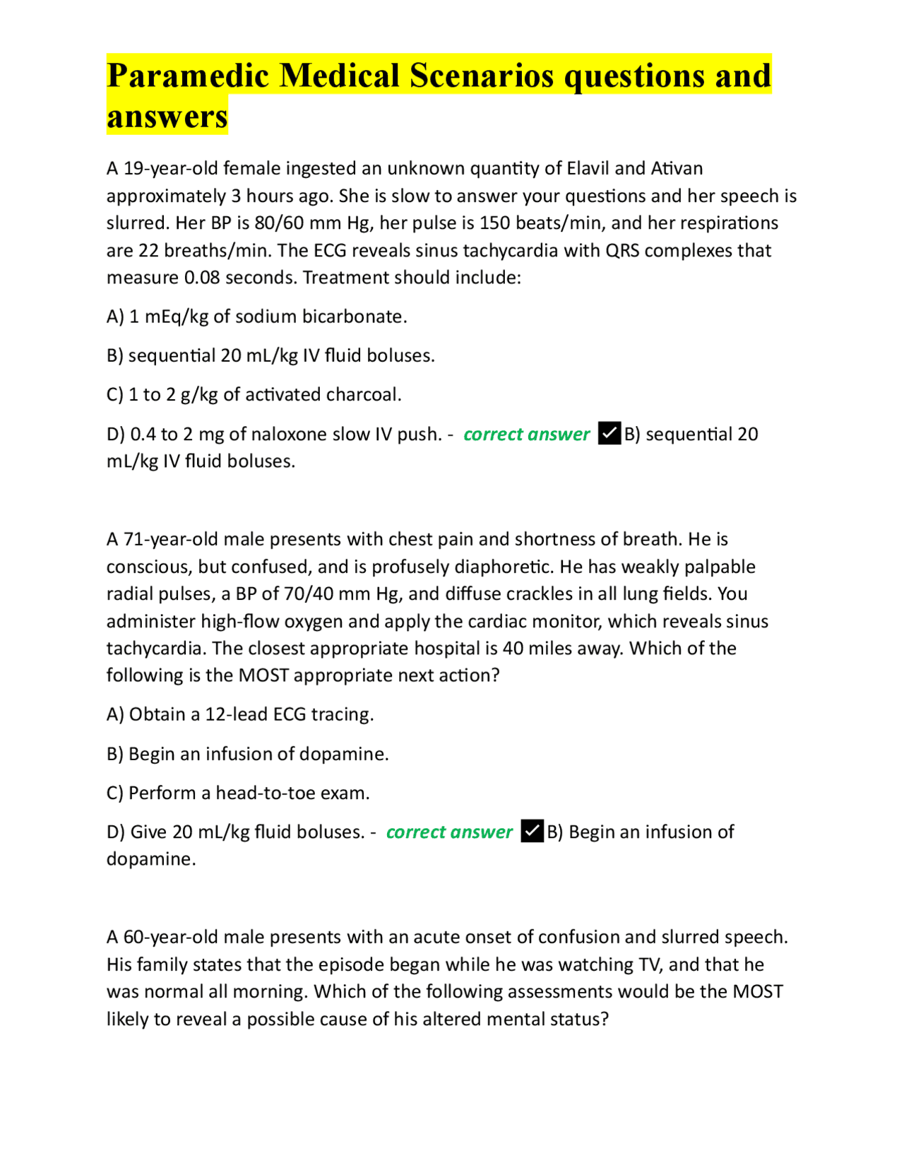 Paramedic Medical Scenarios questions and answers. | Exams Nursing ...