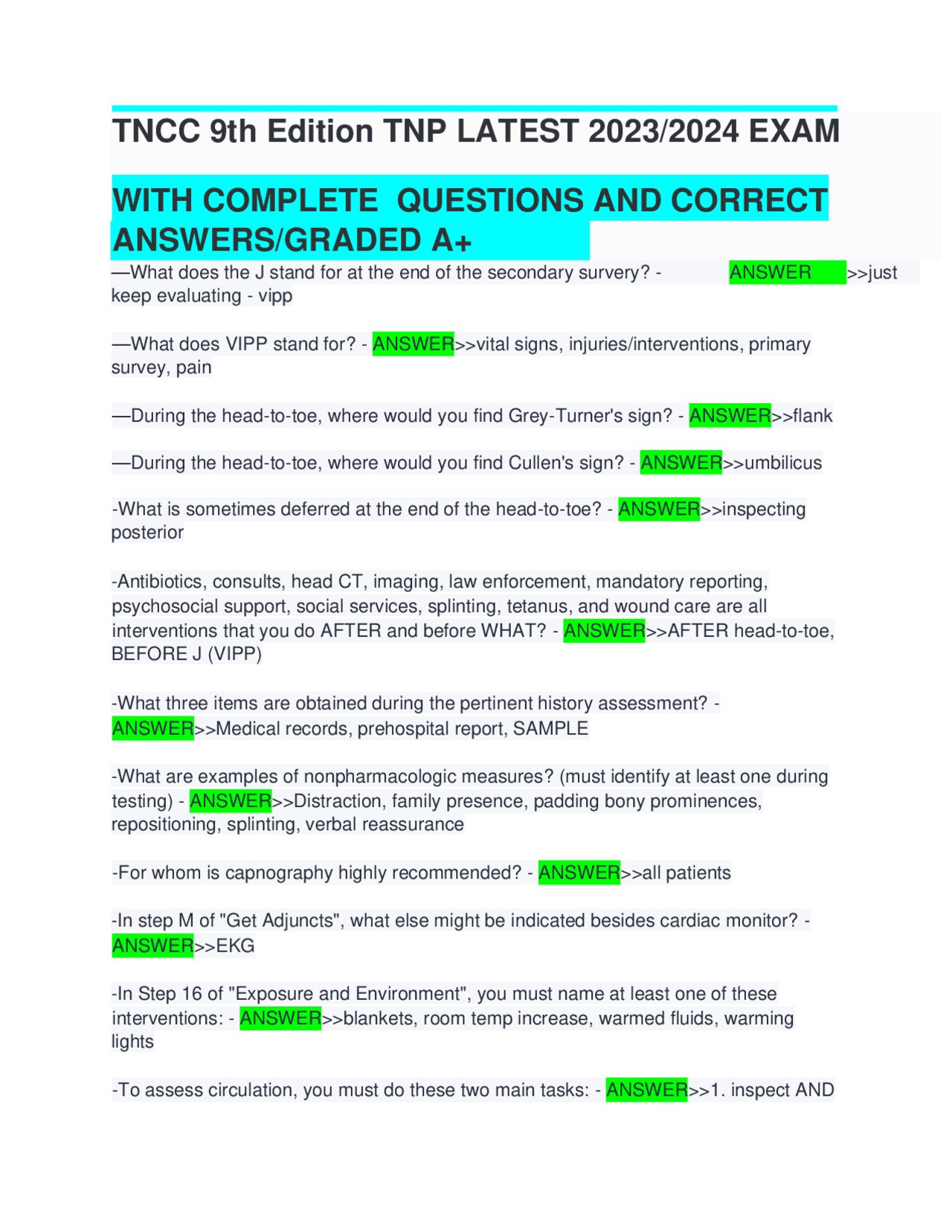 TNCC 9th Edition TNP LATEST 2024/2025 EXAM WITH COMPLETE QUESTIONS AND ...