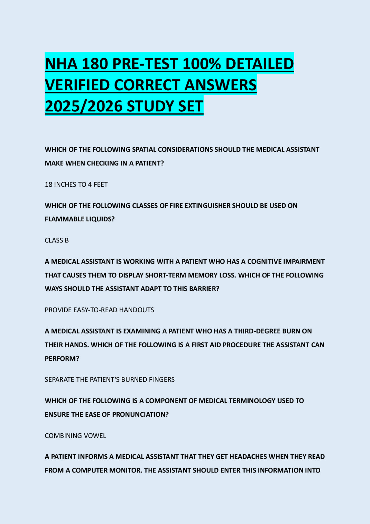 NHA 180 PRE-TEST 100% DETAILED VERIFIED CORRECT ANSWERS 2025/2026 STUDY ...
