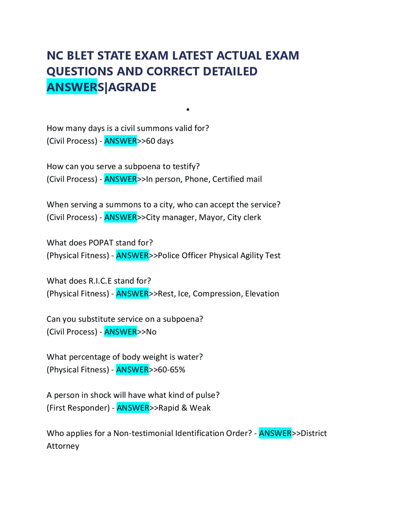 NC BLET STATE EXAM LATEST ACTUAL EXAM QUESTIONS AND CORRECT DETAILED ...