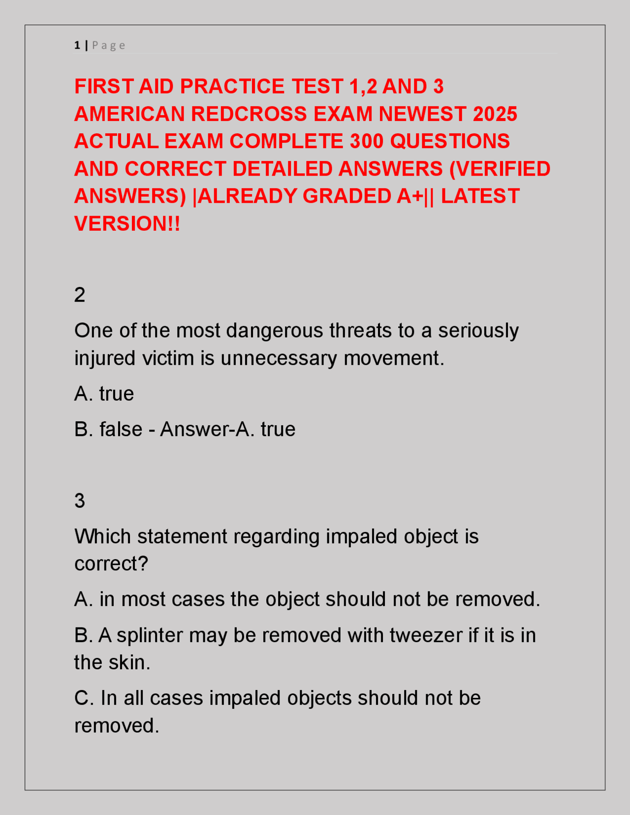 FIRST AID PRACTICE TEST 1,2 AND 3 AMERICAN REDCROSS EXAM NEWEST 2025 ...