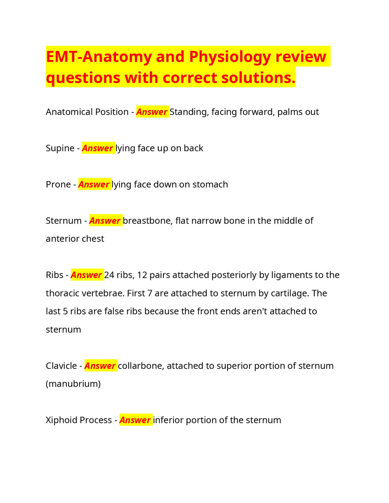 EMT-Anatomy and Physiology review questions with correct solutions ...