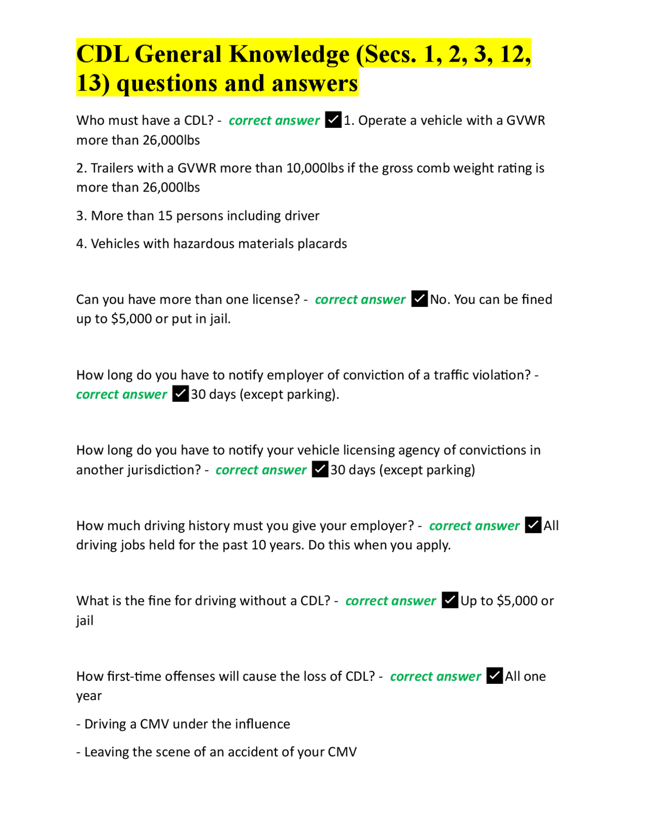 CDL General Knowledge (Secs. 1, 2, 3, 12, 13) questions and answers ...