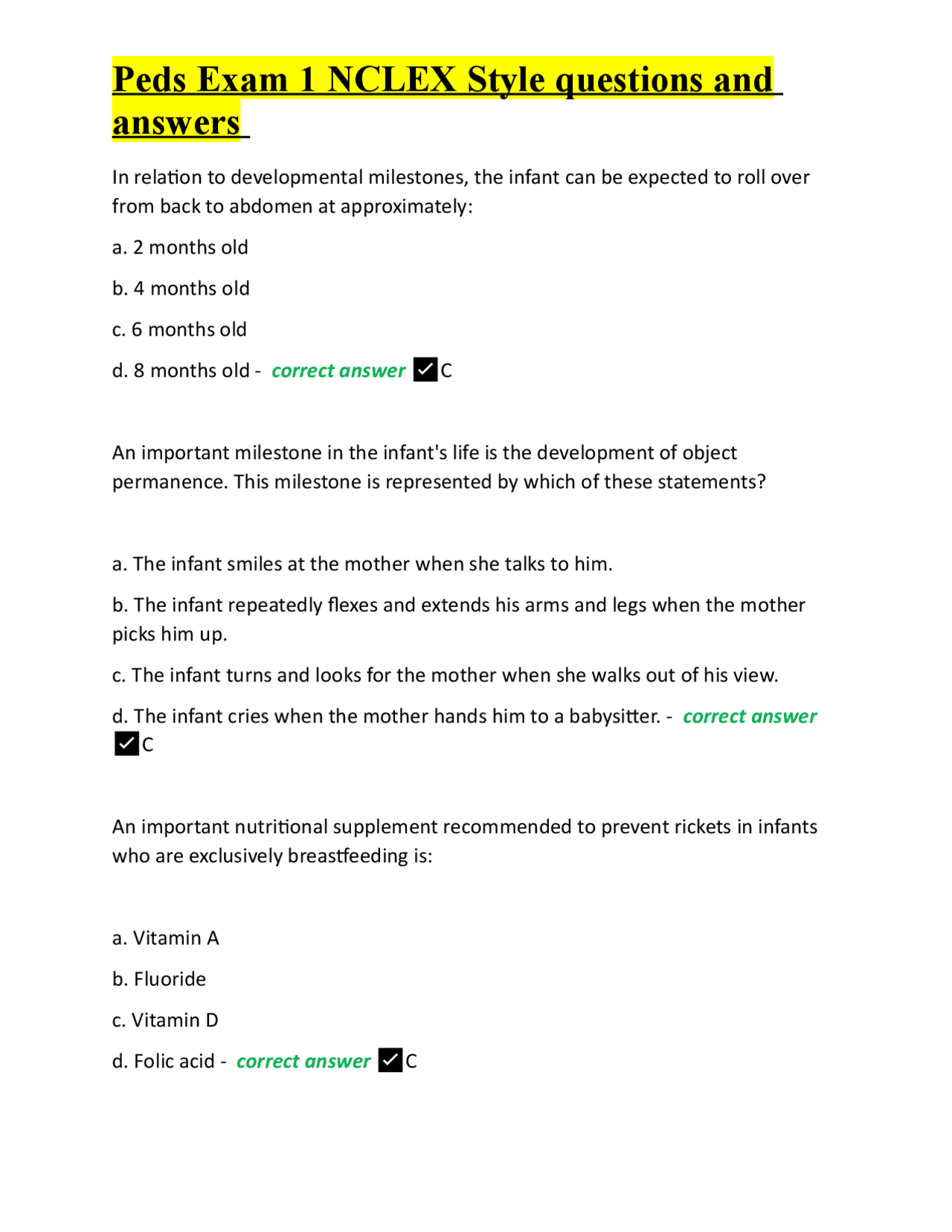 Peds Exam 1 NCLEX Style questions and answers | Exams Pediatrics | Docsity