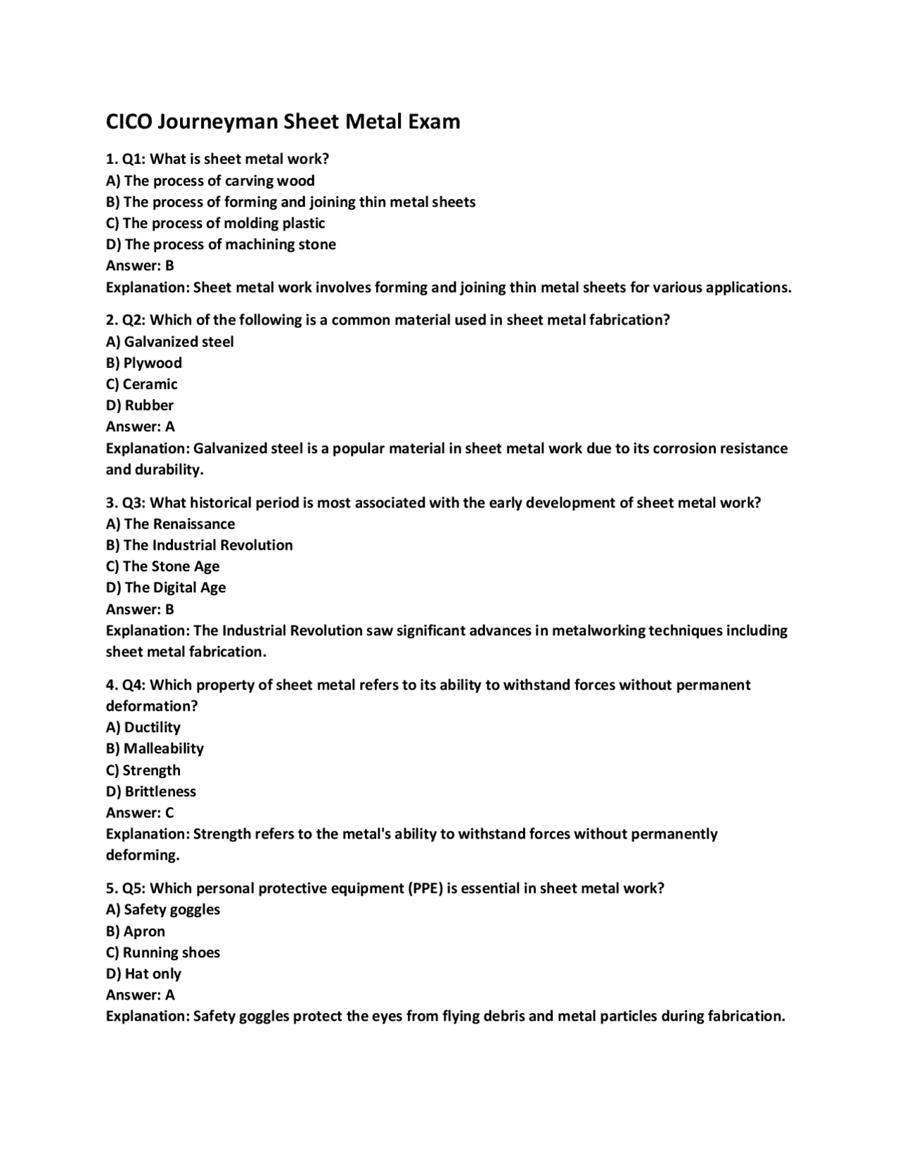 CICO Journeyman Sheet Metal Exam | Exams Technology | Docsity