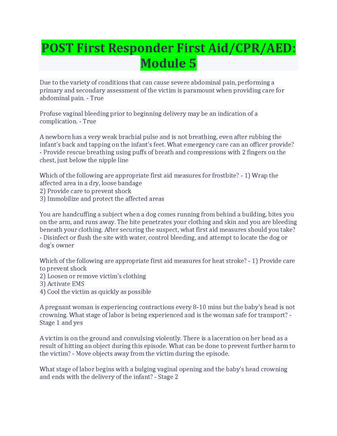 POST First Responder First Aid/CPR/AED: Module 5 | Exams Advanced ...