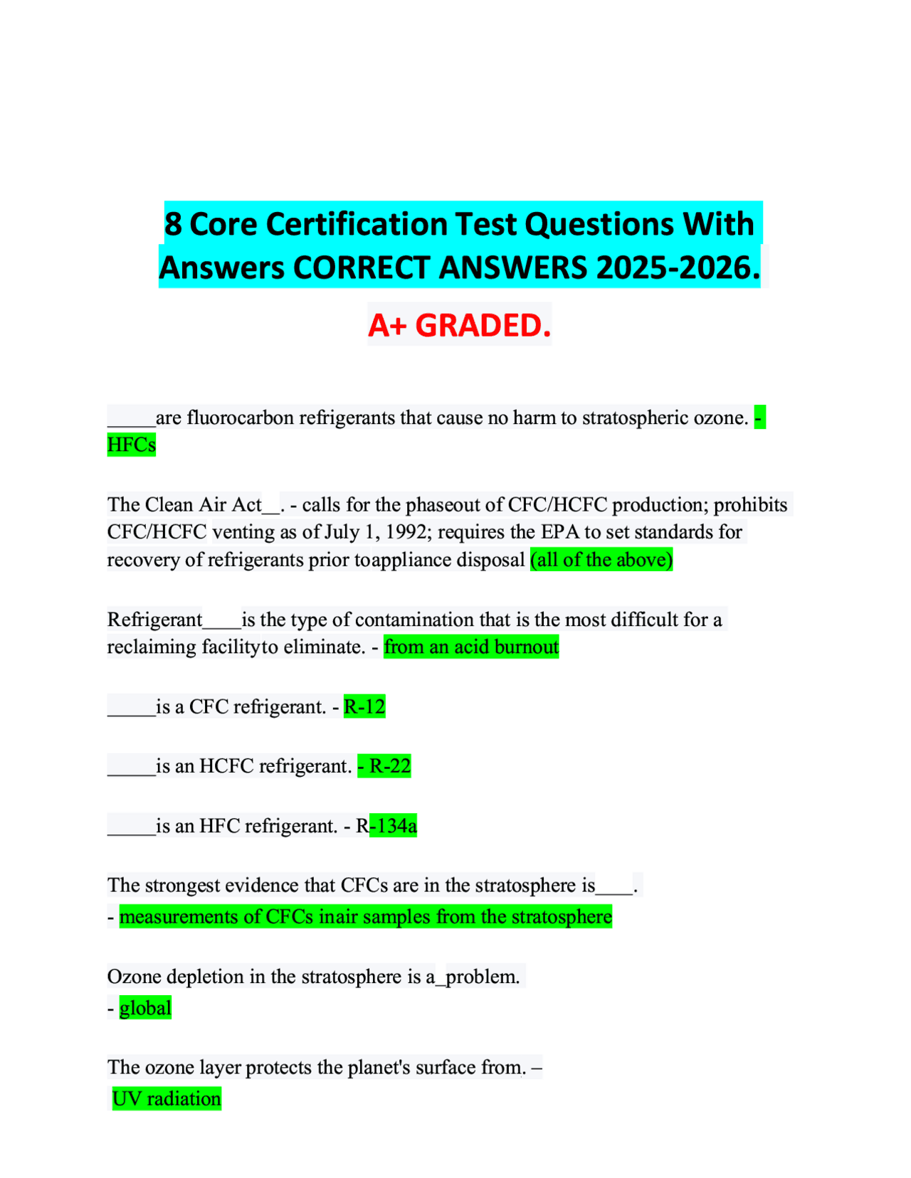 8 Core Certification Test Questions With Answers CORRECT ANSWERS 2025 ...