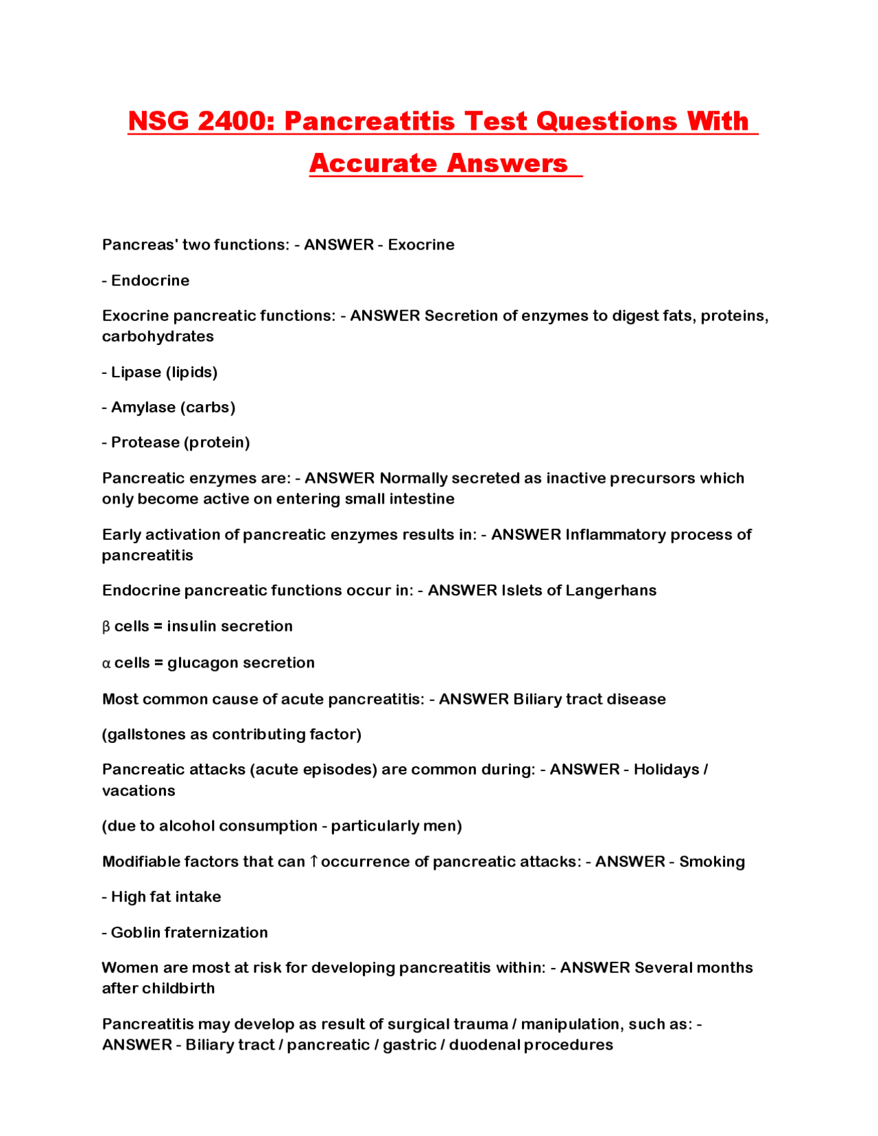 NSG 2400- Pancreatitis Test Questions With Accurate Answers. | Exams ...