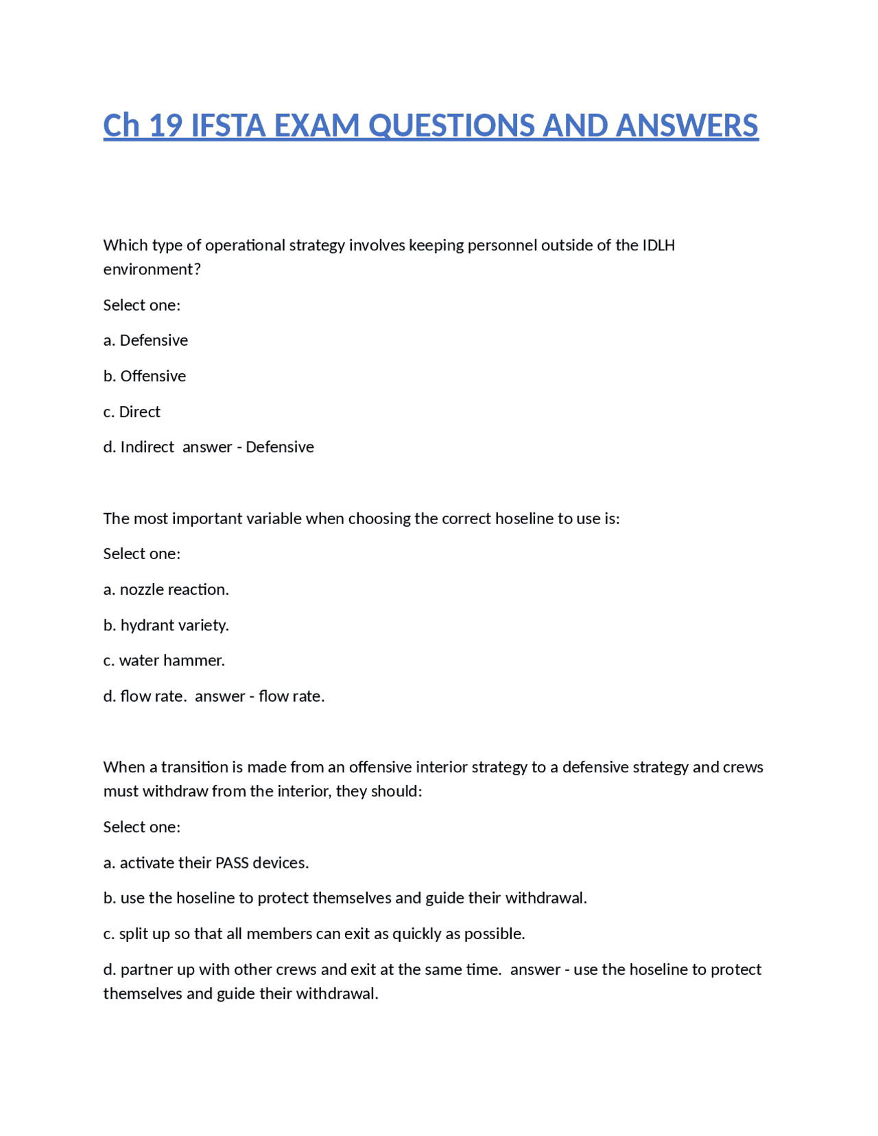 Ch 19 IFSTA EXAM QUESTIONS AND ANSWERS | Exams Nursing | Docsity