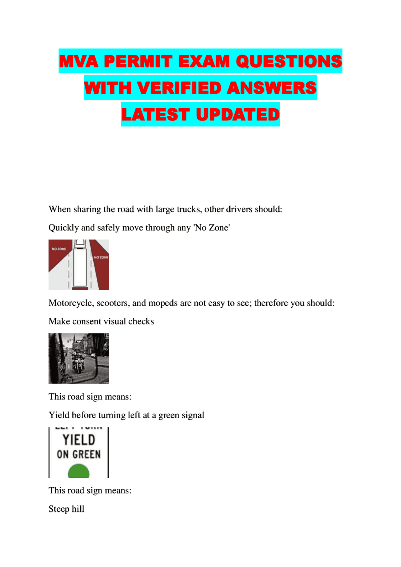 MVA PERMIT EXAM QUESTIONS WITH VERIFIED ANSWERS LATEST UPDATED | Exams ...