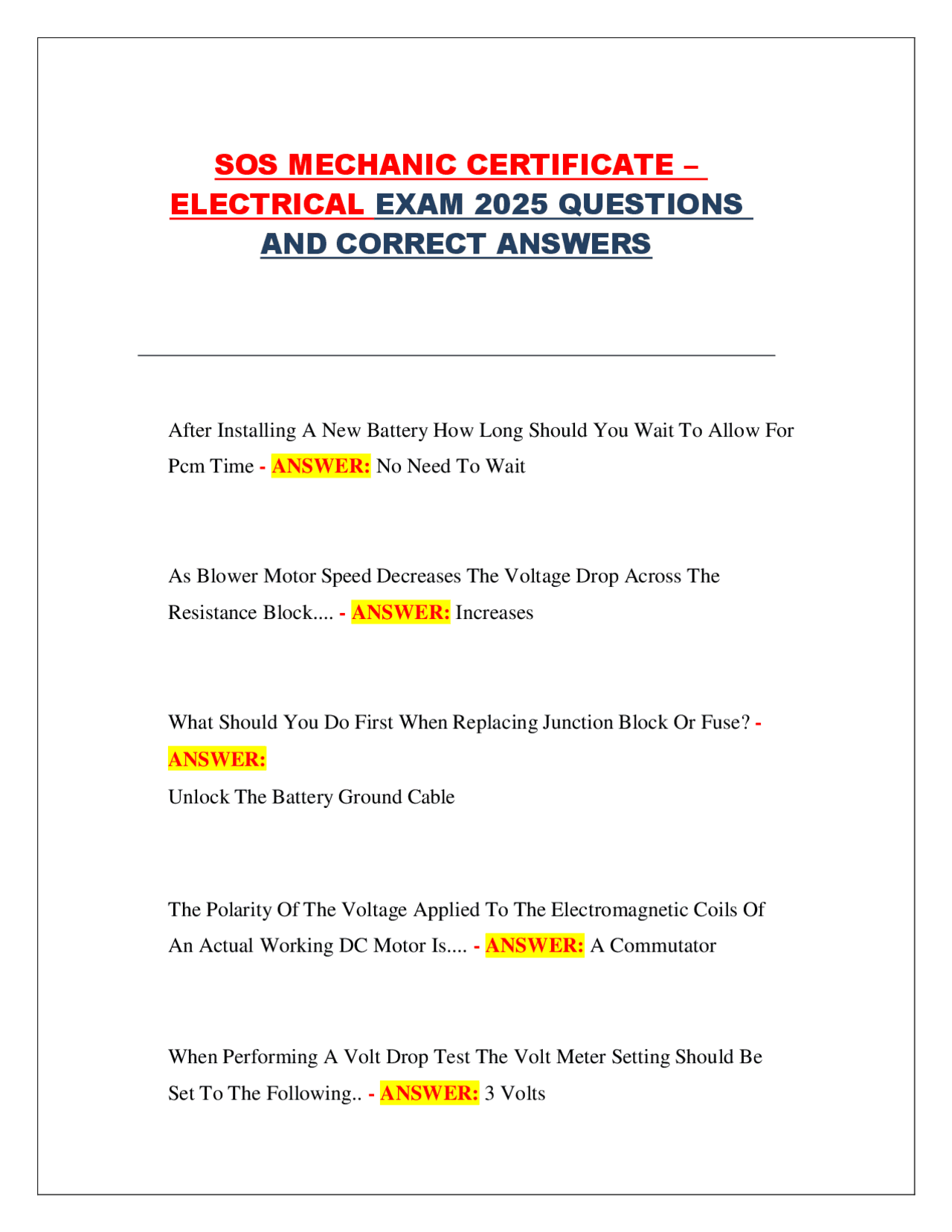 SOS MECHANIC CERTIFICATE – ELECTRICAL EXAM 2025 QUESTIONS AND CORRECT ...