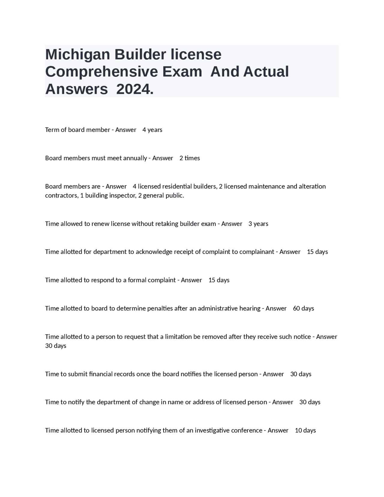 Michigan Builder license Comprehensive Exam And Actual Answers | Exams ...