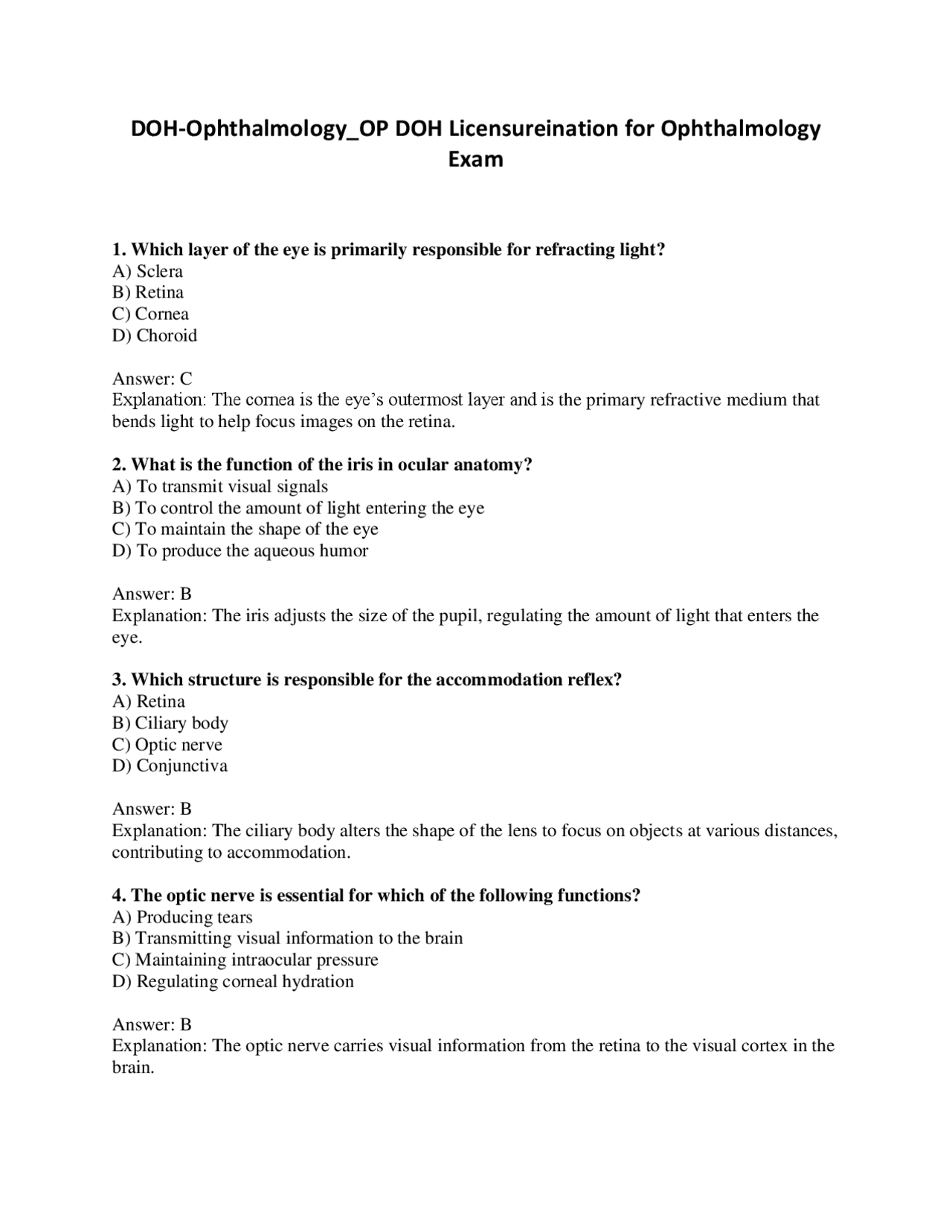 DOH-Ophthalmology_OP DOH Licensureination for Ophthalmology Exam | Exams Technology | Docsity